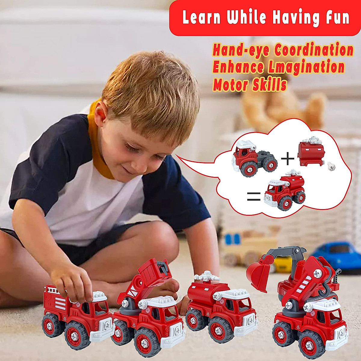Ynanimery Transformation Robot,5 in 1 Deformation Robot Toy for Kids, Take Apart Robot Composed of Construction Toy Truck for Boys Age 4 5 6 7 8-12 Year Old, Kids STEM Building Gift,Red