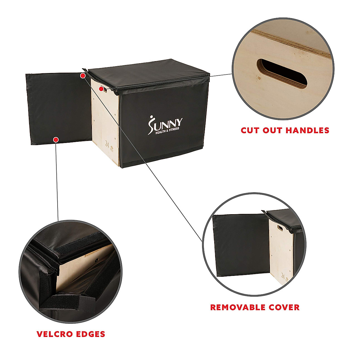 Sunny Health & Fitness Wood Plyo Box with Removable Foam Cover, 500lb Weight Capacity and 3 in 1 Height Adjustment - 30"/24"/20" for Crossfit Training and Plyometric Conditioning