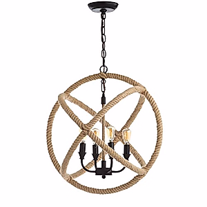 JONATHAN Y JYL9041A Soka 4-Light 20" Adjustable Globe Metal/Rope LED Pendant, Farmhouse, Coastal, Bohemian, Cottage, Industrial, Rustic, Transitional, Dining Room, Kitchen, Foyer, Black/Brown