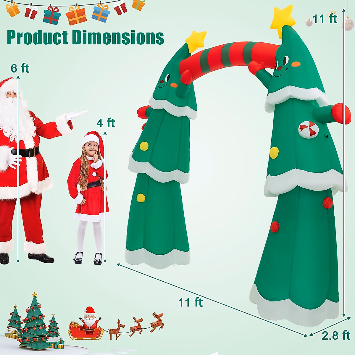 Tangkula 11 FT Lighted Christmas Inflatable Archway Decoration, Christmas Tree Arch with Santa Claus, Built-in LED Lights, Outdoor Blow-up Holiday Party Yard Lawn Xmas Decoration