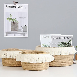 GIBZ Jute Storage Baskets with Tassel, Decorative Natural Round Basket Set Home Organizer for Bedroom, Nursery, Living Room, Bathroom Beige Set of 3