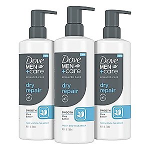 DOVE MEN + CARE Advanced Care Face + Body Cleanser Dry Repair 3 Count for Dry Skin Cleanser with Smooth Shea Butter 16.9 oz