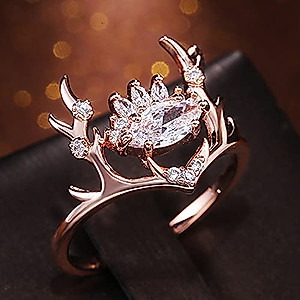 Sdouefos Fashion Glittering Zircon Embellished Lovely Rose Gold Elk Antlers Zircon Wedding Ring Exquisite Cute Elk Antler Zircon Crystal Ring Birthday Anniversary Jewelry (7)