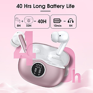 Wireless Earbuds Bluetooth 5.3 Headphones 40 Hrs Playtime with LED Display, Deep Bass Stereo and Noise Cancelling Bluetooth Ear Buds IP7 Waterproof Wireless Earphones for iPhone Android, Rose Gold