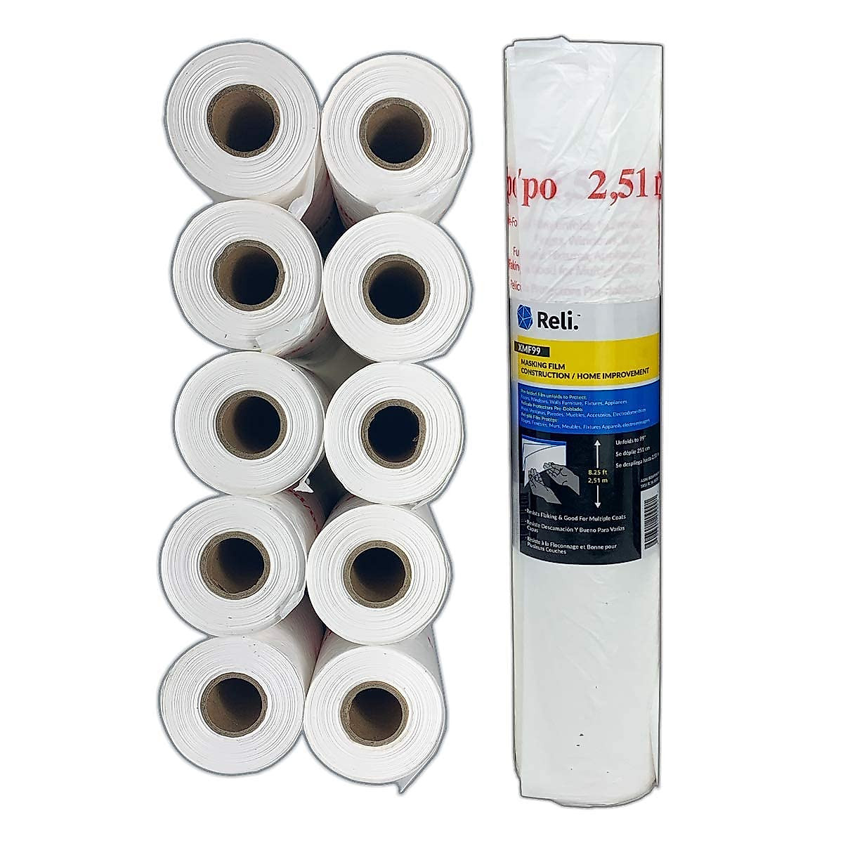 Reli. Masking Film, 10 Rolls Bulk (90' Foot x 99" Inch) - Masking Plastic Film for Painting, Automotive - Pre-Folded - Hand-Masker Film Plastic in Bulk