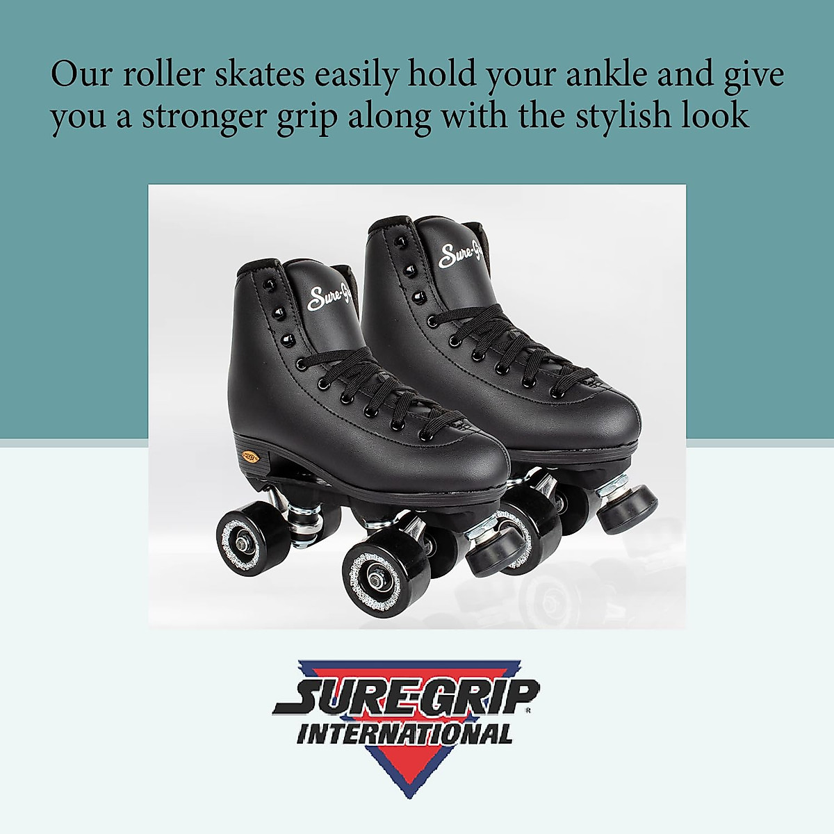 Sure Grip Fame Men & Women Premium Roller Skates Black Leatherette | Stylish Skates for Indoors - Double Structure, Stronger Grip, Extra Long Laces - Suitable for Beginners
