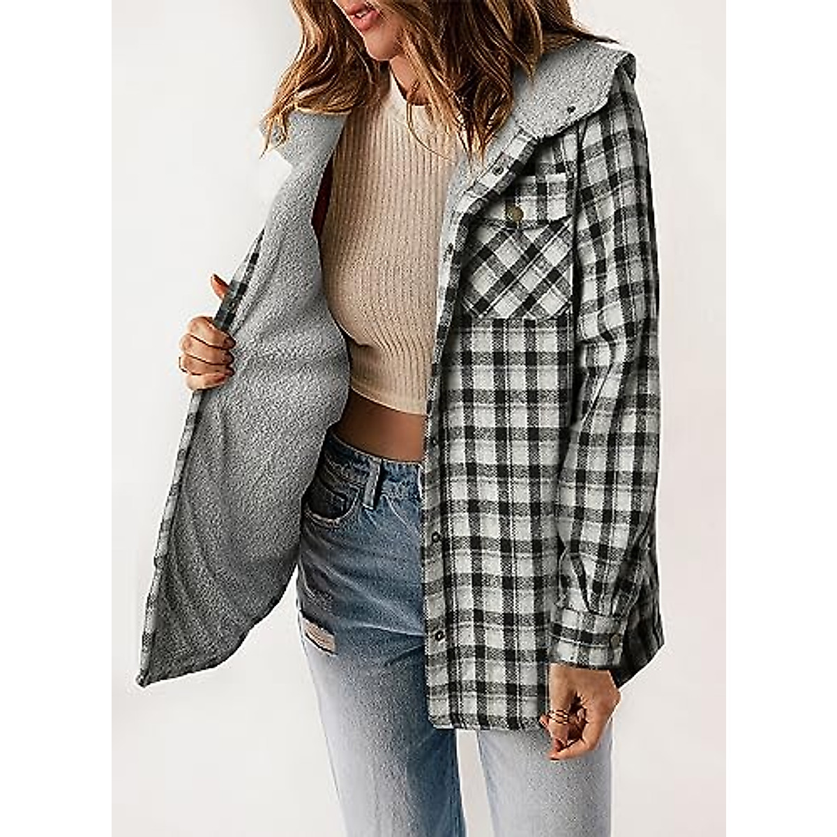 Dokotoo Womens Winter Plaid Jackets for Women Fashion Fall Button Down Long Sleeve Sherpa Shacket Jacket Women Fleece Hooded Coats Outerwear Oversized Flannel Shirts for Women with Pockets Black S