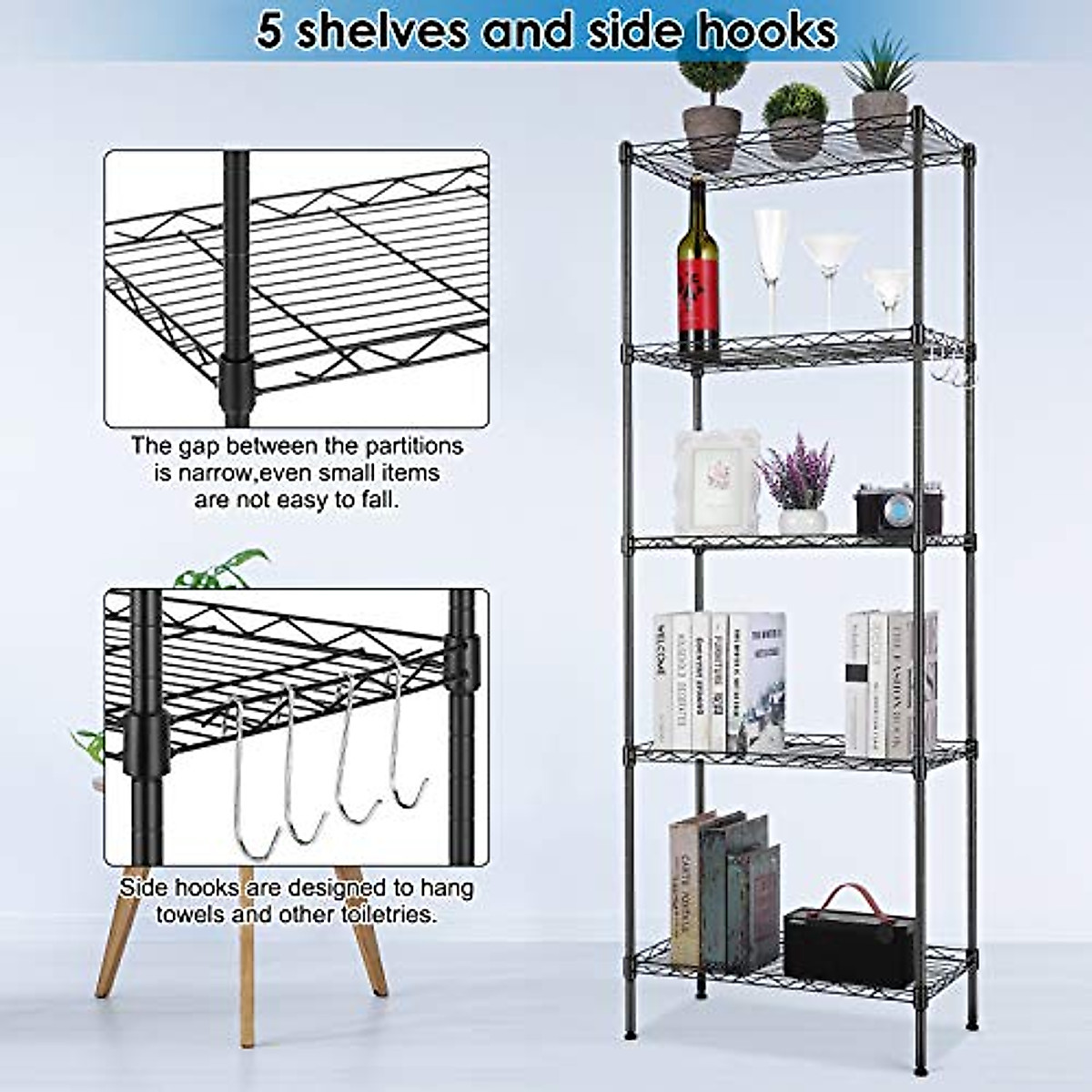 AMZOOM 5-Tier Steel Wire Shelving Unit, Adjustable Metal Shelves, Stainless Steel Storage Rack with Hooks and Leveling Feet, Suitable for Living Room Bathroom Garage Kitchen Pantry (Black)