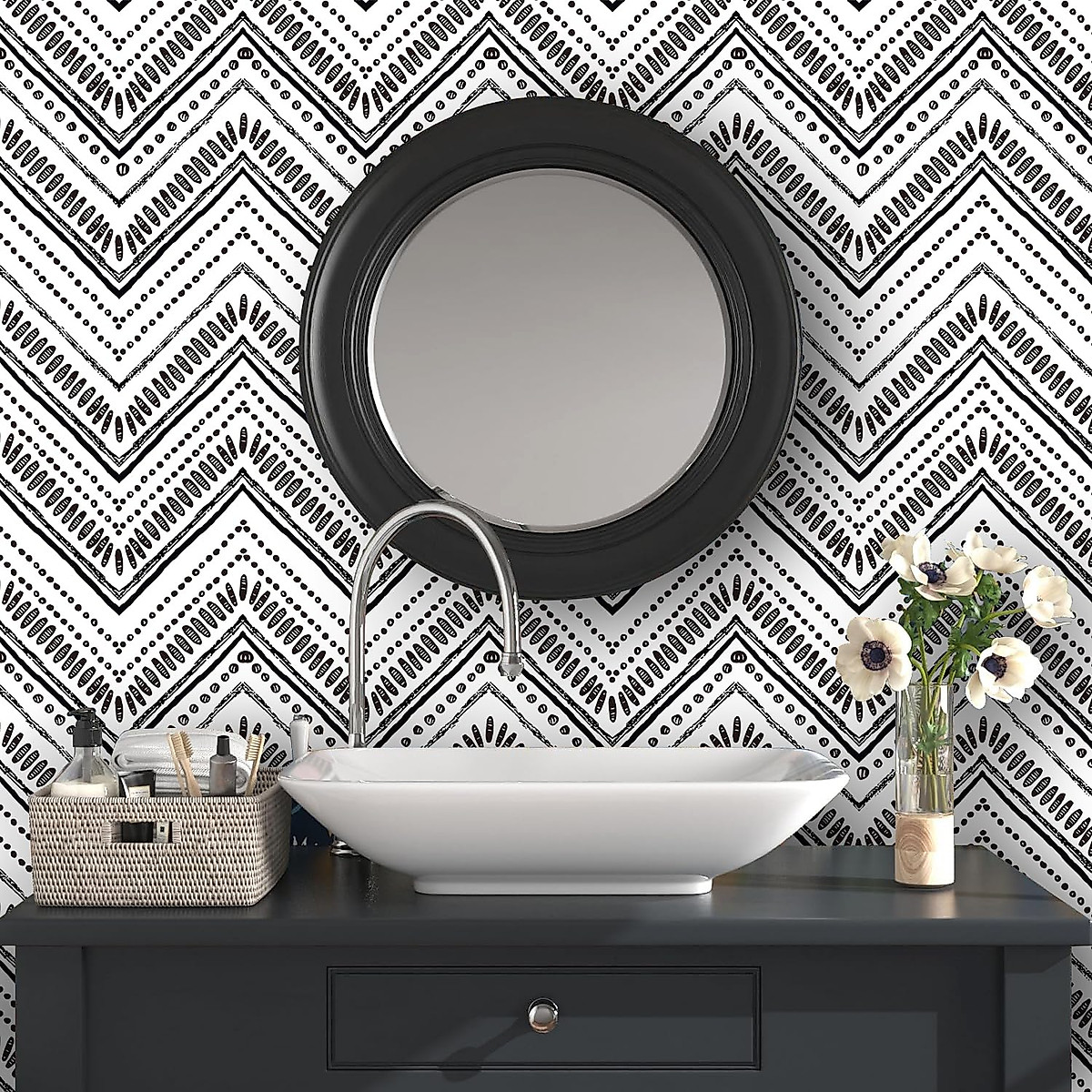 HAOKHOME Black and White Wallpaper Boho Geometric Self Adhesive Textured Wall Paper Modern for Bathroom Decor e 17.7in x 9.8ft