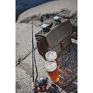 LEGACY - a Picnic Time brand Insulated Double Glass Growler Tote, Beer Gifts for Men, Waxed Canvas Tote Bag Water Bottle Carrier, (Khaki Green with Brown Accents)