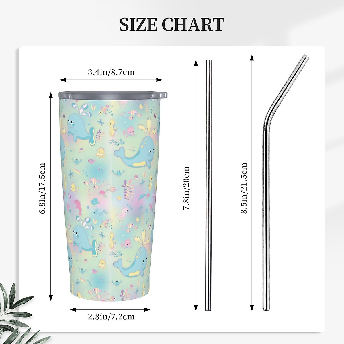 20oz Tumbler Cartoon Marine Animal Double Wall Vacuum Insulated Coffee Mug with Lid and Metal Straw Brush Reusable Stainless Steel Water Bottle Travel Cup Gifts for Car Ice Drinks Hot Beverage