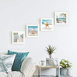 Ocean Wooden Framed Gallery Artwork: Beach Theme Starfish Wall Art Collection Conch Picture Prints Wall Decor Set of 4 for Bathroom (Multi-Style)