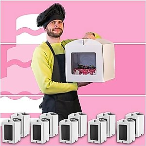 Box For Cake 10-Pack 8x8x8 inch White Cake Boxes with Window, European-Grade Sturdy Cardboard, Large Cake Carriers with Handle for Tiered Cakes, 10 PCS (White)