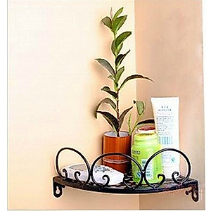 Garden Style Wrought Iron Corner Shelf Triangle Bathroom Shelves (Black)