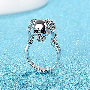 THJEW Cool Skull Head Ring for Women,S925 Sterling Silver Punk Biker Gothic Cocktail Party Halloween Headache Death Head Skeleton Skull Ring Jewelry (Ring_A, 10)