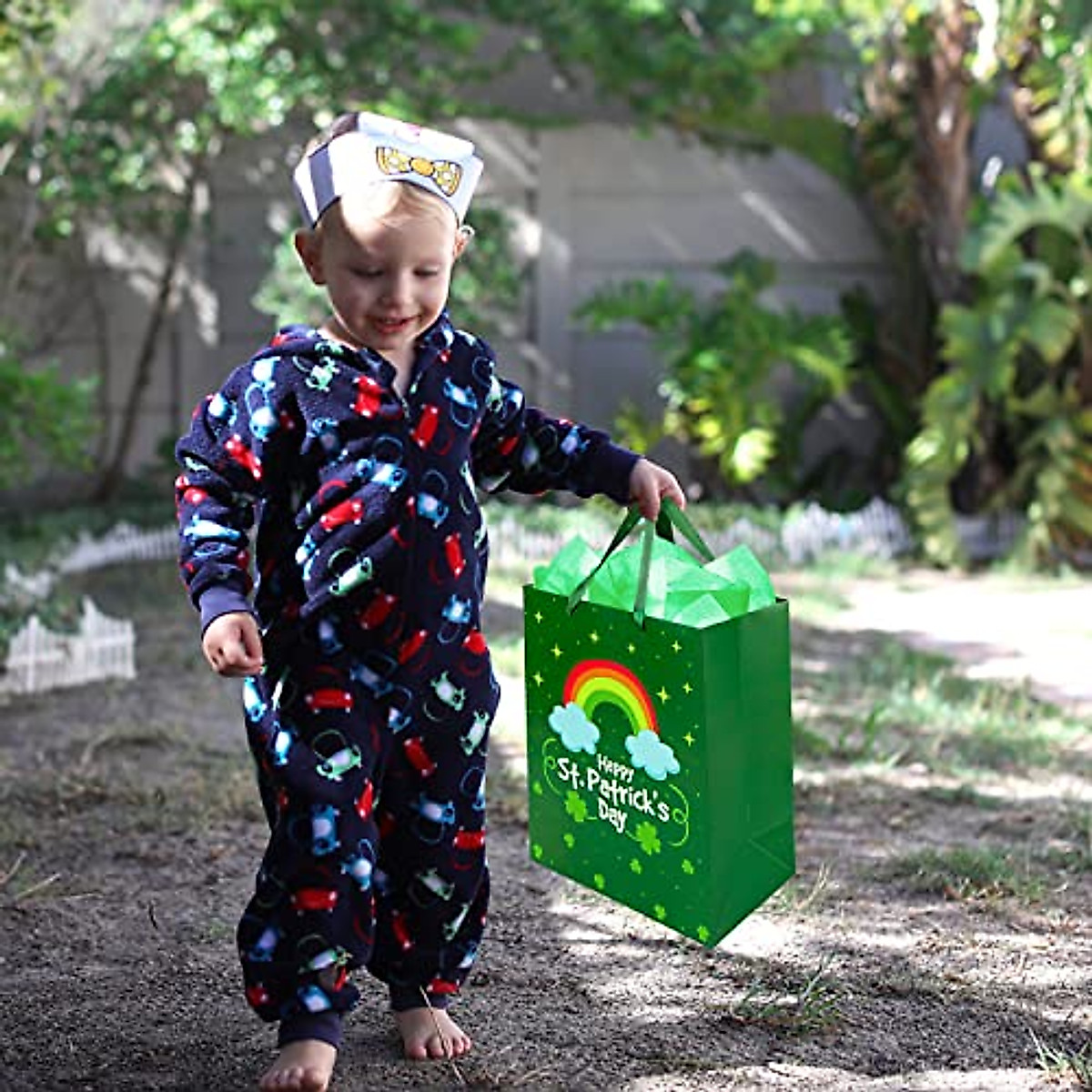 Hohomark St Patrick's Day Gift Bags 13" Large Irish Shamrock Bag with Tissue Paper Green Clover Gift Wrapping Bag Kids Classroom Party Favor Supplies