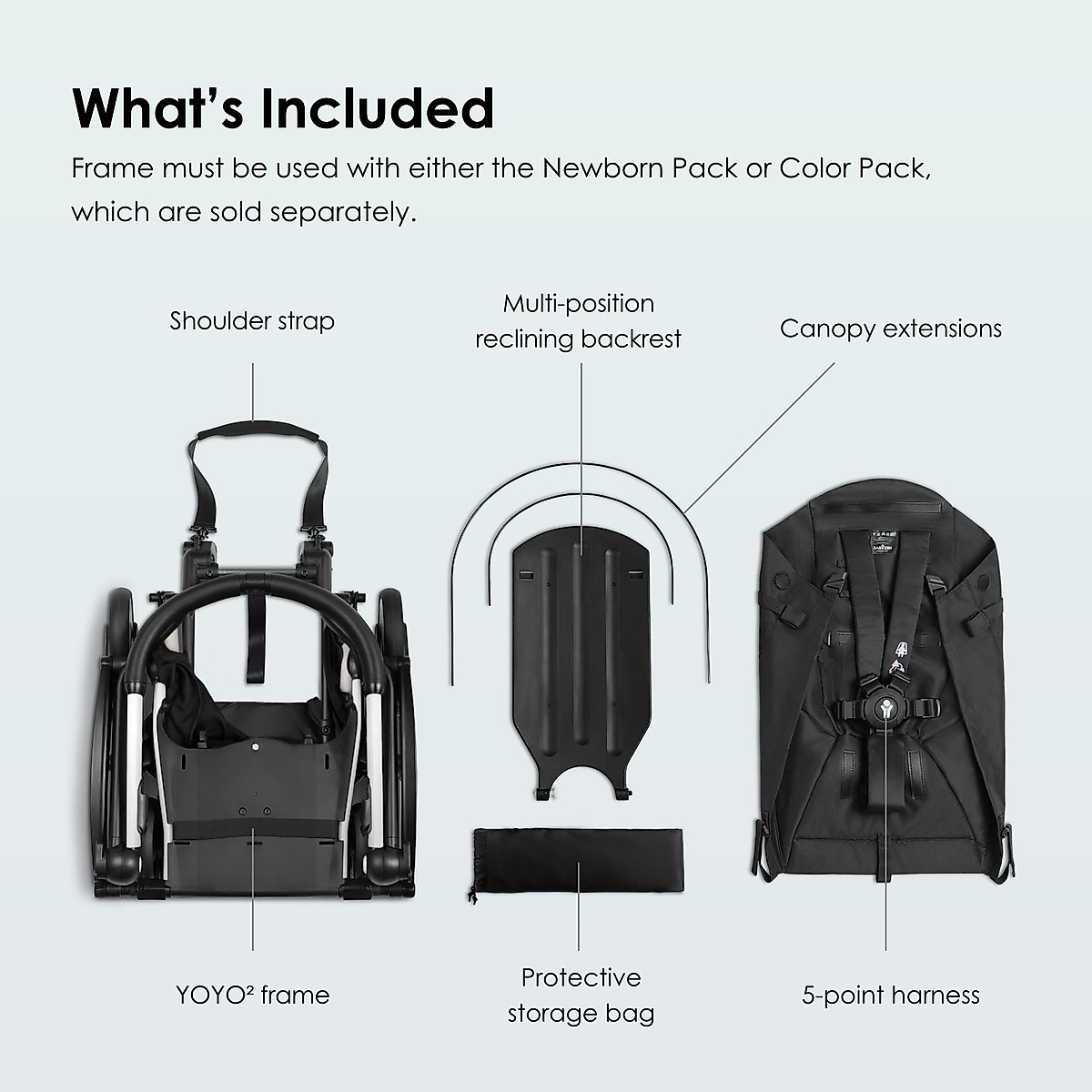 BABYZEN YOYO2 Stroller Frame, White - Includes 5-Point Harness, Multi-Position Reclining Backrest, Canopy Extensions, Padded Shoulder Strap & Protective Storage Bag