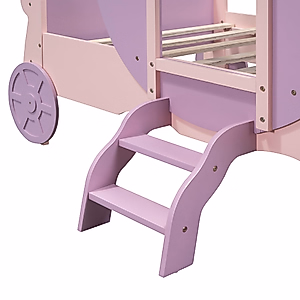 SOFTSEA Princess Twin Bed Frame, Wood Carriage Bed with Stairs, Purple+Pink, 88x55.9x59.1in, 112LBS, 300LBS Capacity, Includes Tools, for Girls