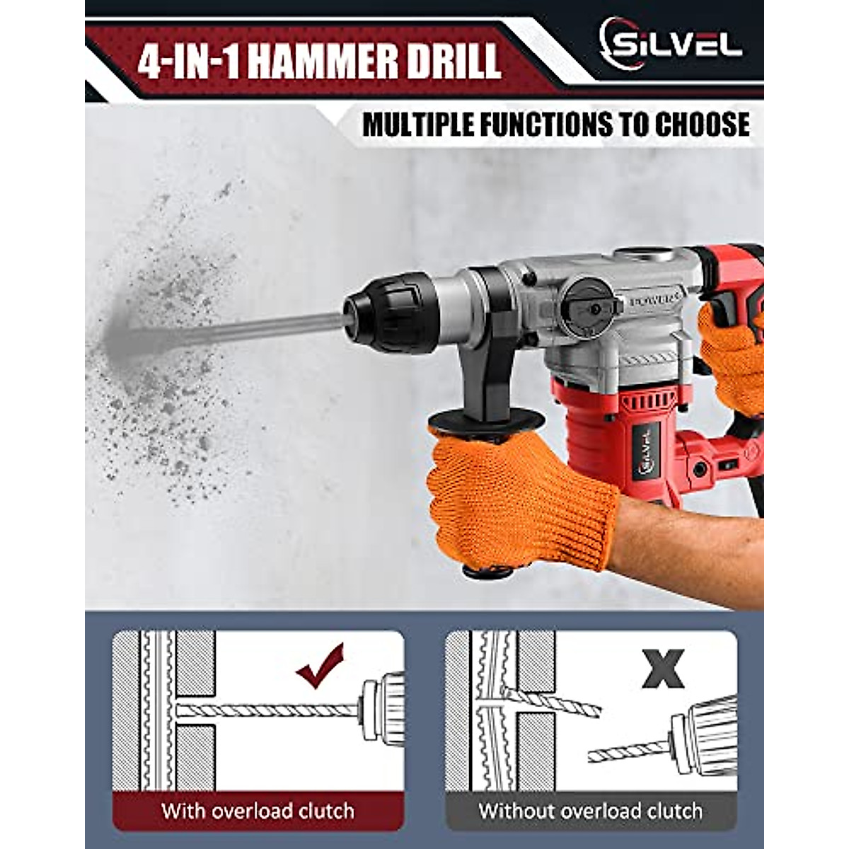 SILVEL 1-1/4 Inch SDS-Plus Hammer Drill, 13 Amp 1500W Rotary Hammer Drill, Heavy Duty Drill with 4 Functions, Demolition Hammer with 3 Drill Bits, Flat Chisels, Point Chisels