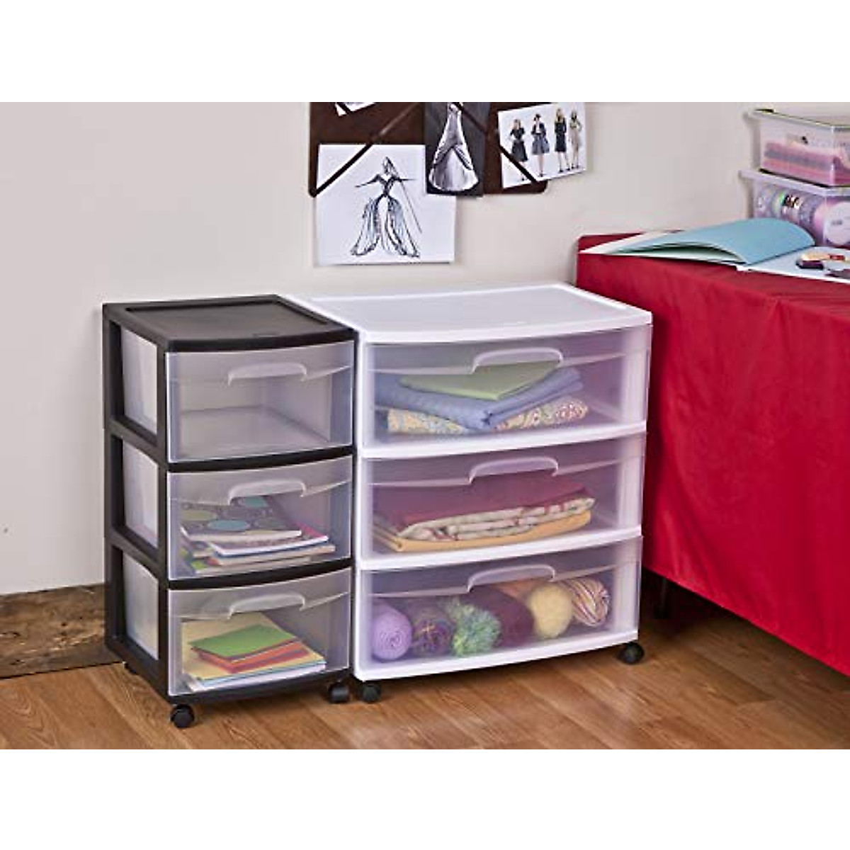 Sterilite 28309002 3 Drawer Cart, Black Frame with Clear Drawers and Black Casters, 2-Pack