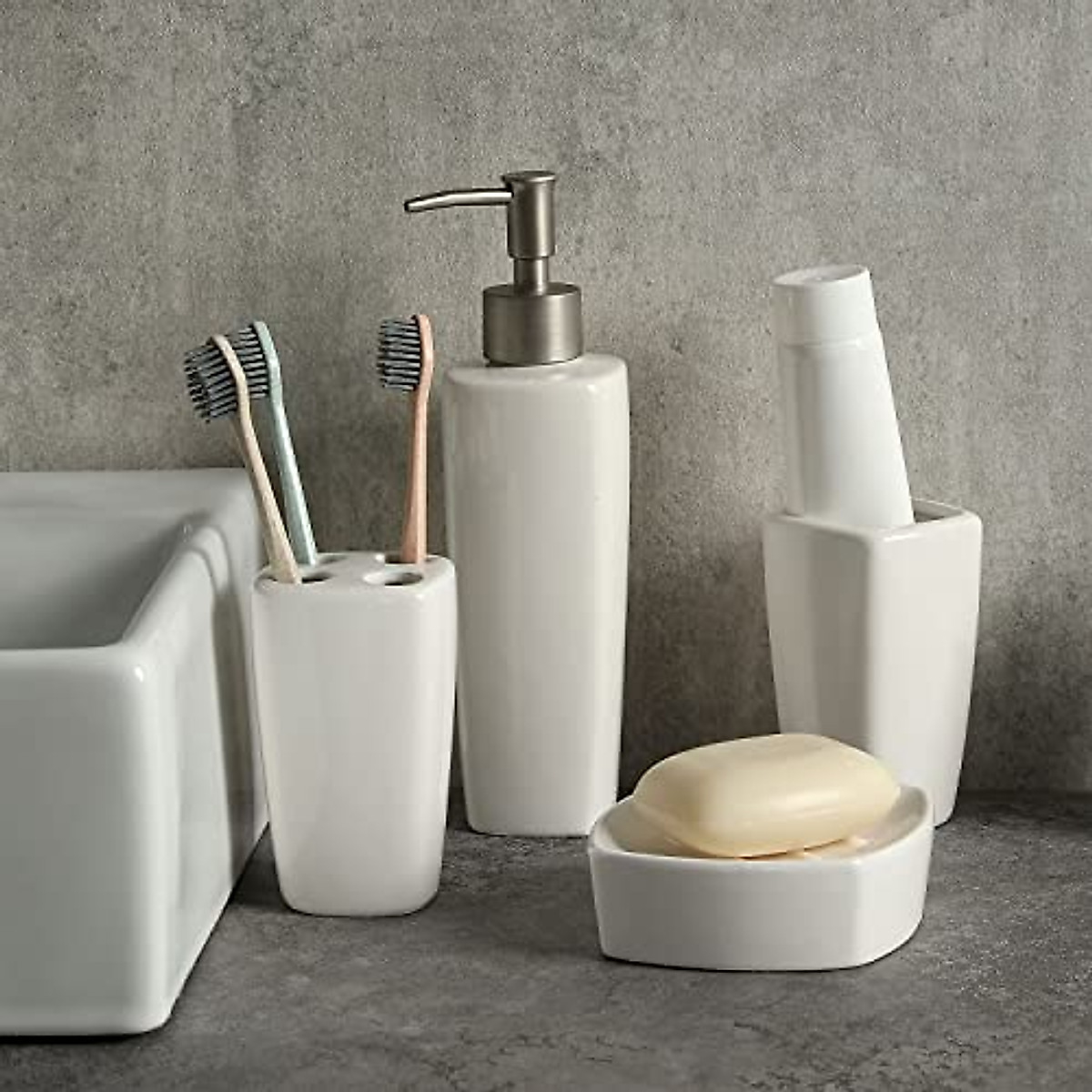 MyGift 4 Piece Ceramic White Bathroom Accessory Set with Soap Dispenser Pump, Toothbrush Holder, Tumbler and Soap Dish