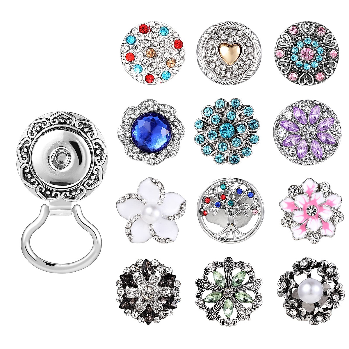 MJartoria Interchangeable Snap Buttons Centerpiece Rhinestone Eye Glass Holding Brooch (12pcs Blue-Rhinestone)