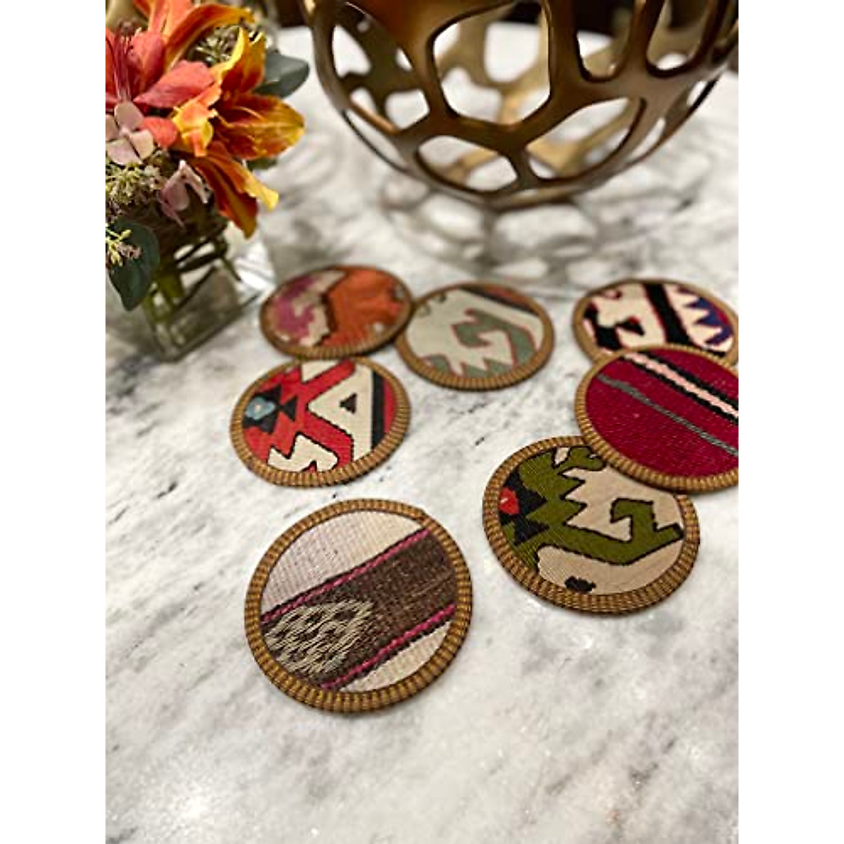 Kilim Fabric Coaster Set 6 Pieces, Authentic Turkish Kilim, Unique Fabric, Handmade, Each Set Unique/No Set Same