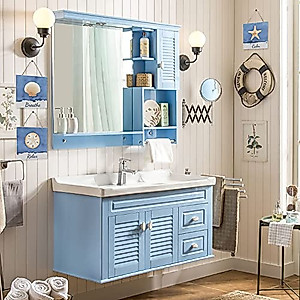 SELEAD Beach Decor Summer Wall Art - Set of 3 Calm Breathe Relax Words Sign, 5" Square Ocean Coastal Themed 3D Seashell Starfish for Bathroom Bedroom, Blue