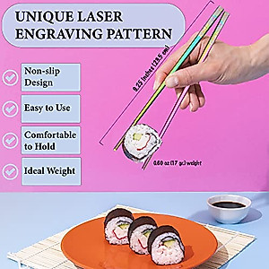 EMRSTORES Stainless Steel Chopsticks - Laser Engraved Premium Multicolor Reusable Chopsticks - 5 Pairs Dishwasher Safe Metal Chopsticks - Easy to Use - Square Lightweight Chop Sticks - Gift Set