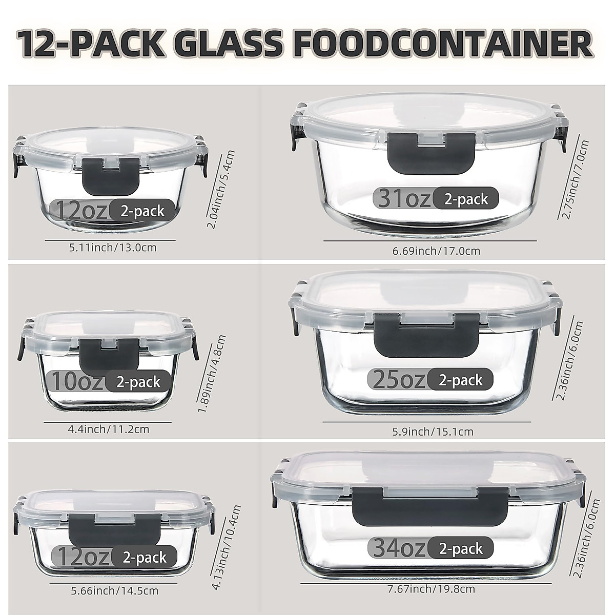 HAKEEMI 12 Pack Glass Storage Containers with Lids, Glass Meal Prep Containers Set, Airtight Food Storage Containers, Grey