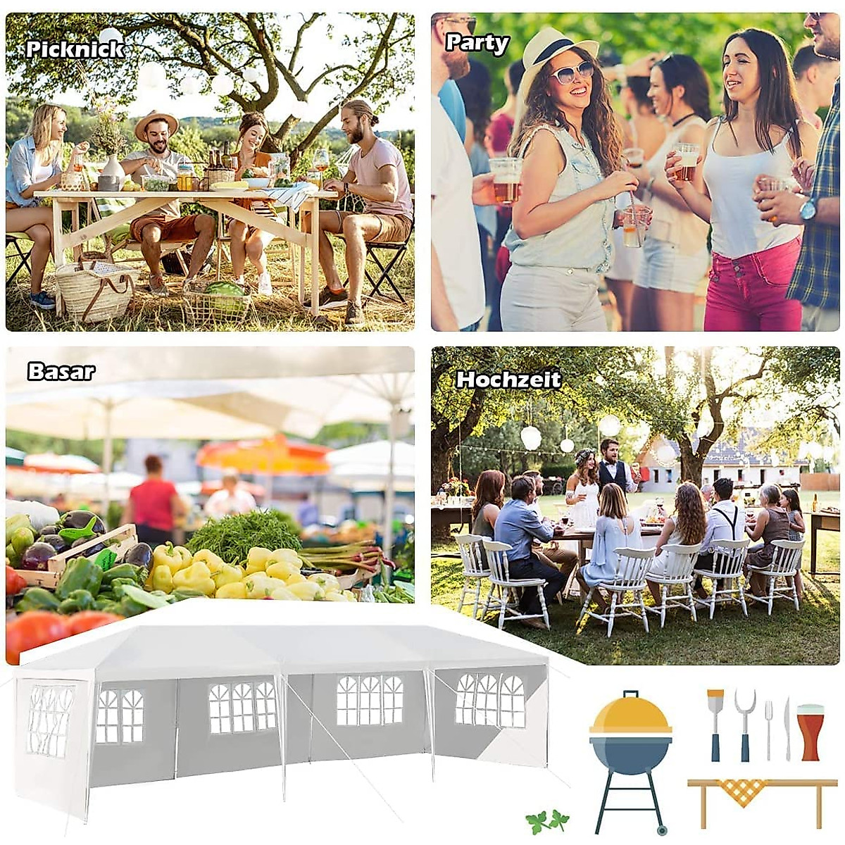 Fujampe 10x30 Party Tent Waterproof Outdoor Canopy Tent White Wedding Tents for Parties BBQ Patio Gazebo Shelter Canopy Events Tent with 5 Sidewalls (10' x 30' with 5 Side Walls)