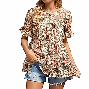 Women's Fashion Casual Summer V Neck Prints Stitching Short Sleeve Loose T Shirt Top Khaki