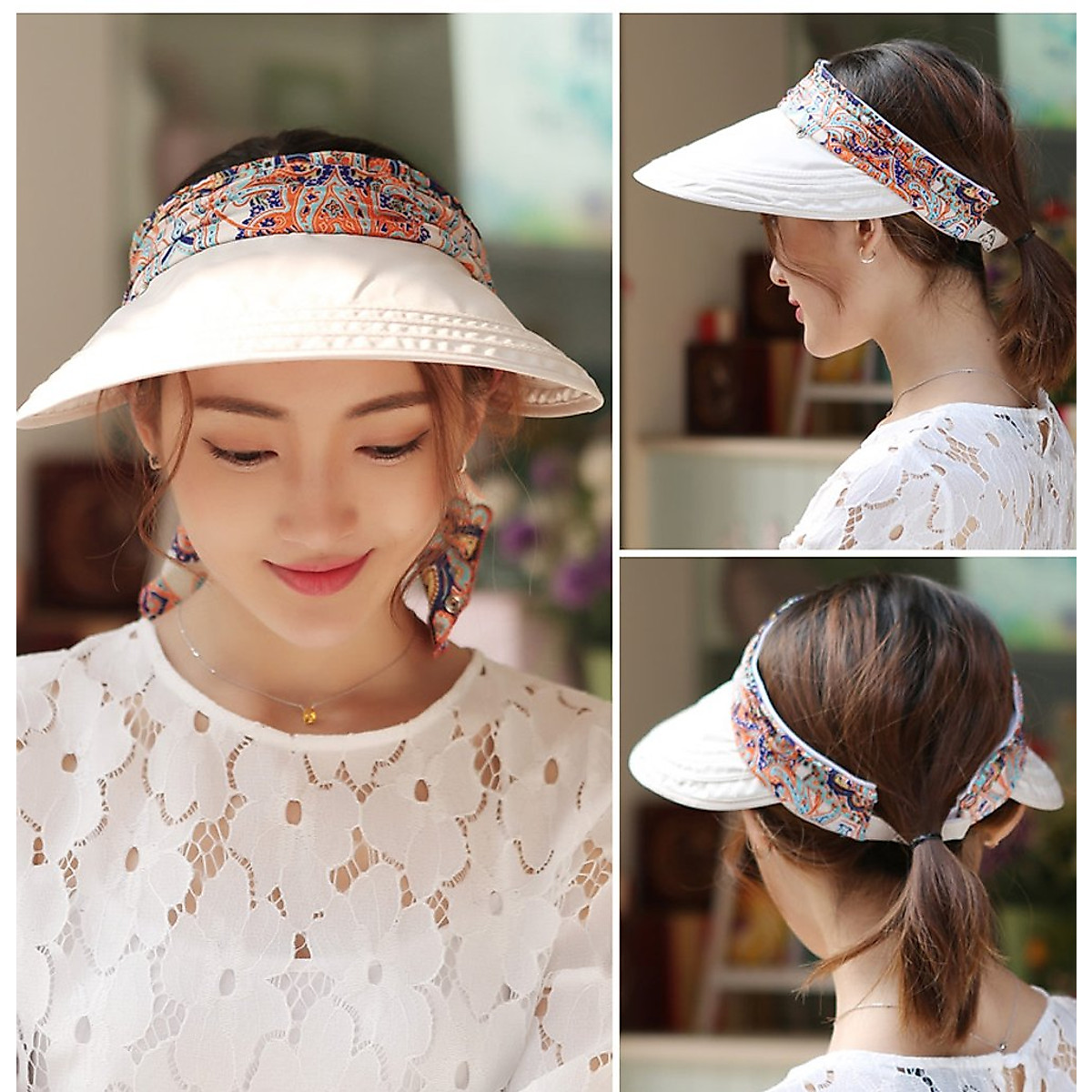 Roll Up Wide Brim Sun Visor UPF 50+ UV Protection Sun Hat with Neck Protector Beige