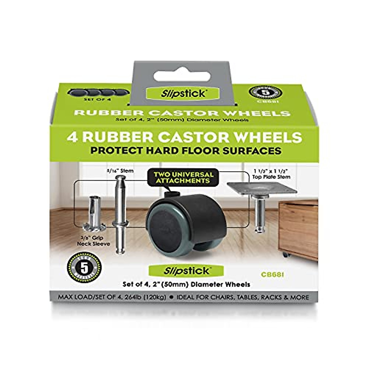 Slipstick CB681 2 Inch Floor Protector Rubber Caster Wheels (Set of 4) 5/16 Inch Stem or Top Plate Mounting Options - Black/Gray Green