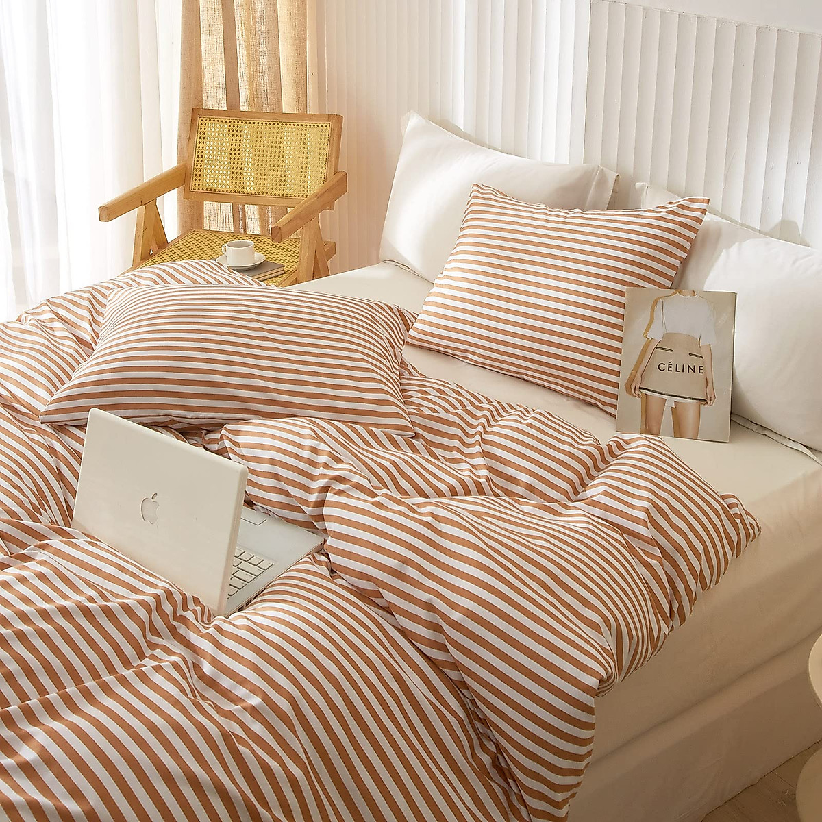 EAVD Duvet Cover Queen White and Khaki Striped Duvet Cover Soft Microfiber Modern Striped Gemetric Pattern Bedding Set with 2 Pillowcases Reversible Striped Comforter Cover with Zipper Closure