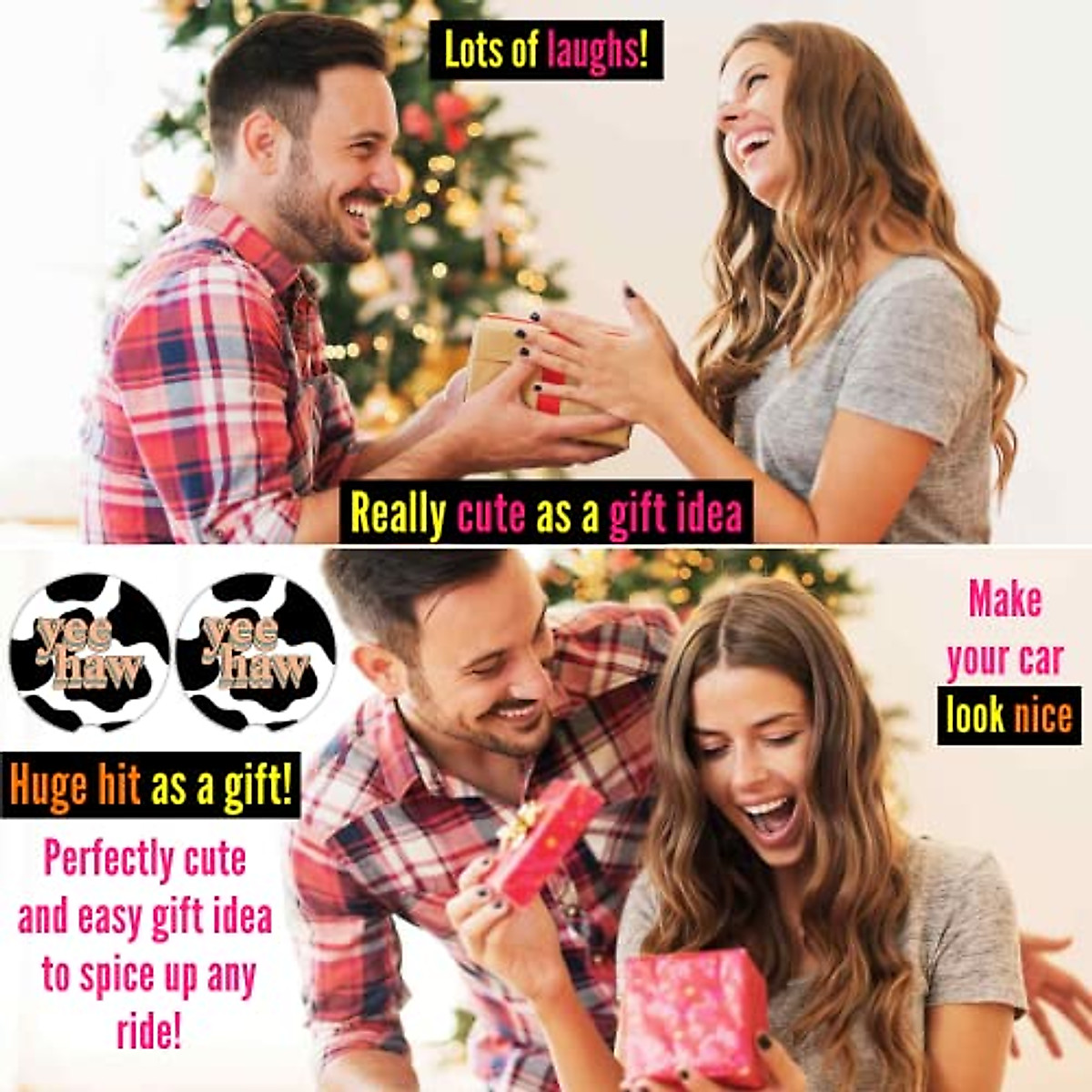 Upnow Pro Funny Car Coasters Cup Holders - 2 Pack, Cow Print Car Accessories Women, Farm Animal, Cute Car Cup Holder Coaster, Absorbent Ceramic Car Coaster Keep Cupholder Clean w/ Cork Base, Set of 2