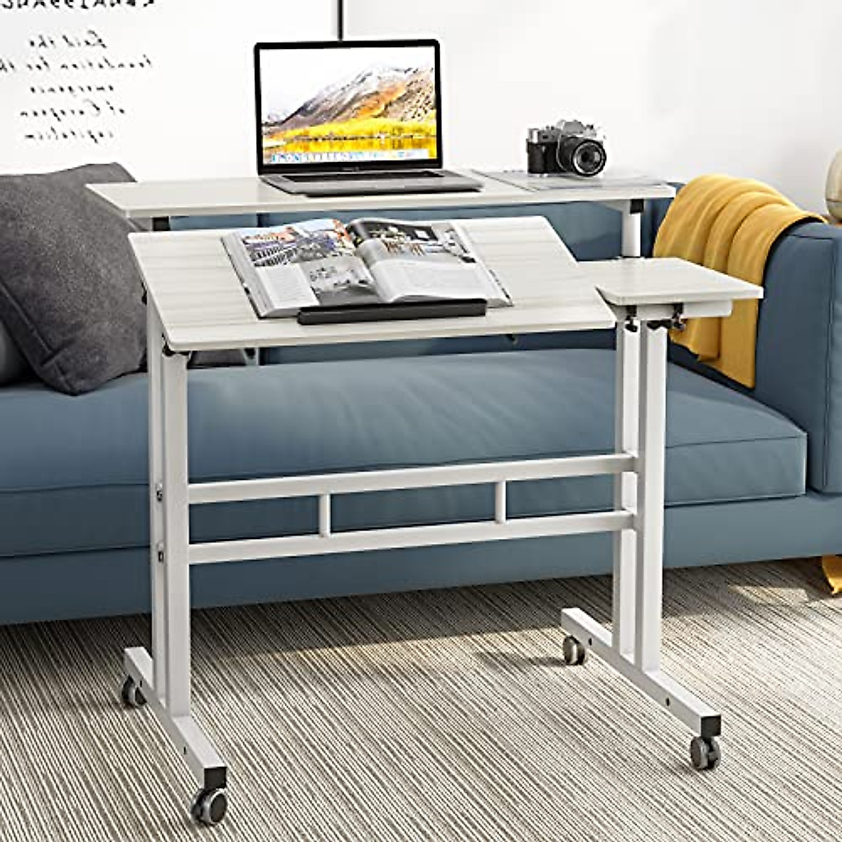 DlandHome Adjustable Rolling Desk Standing Desk, Sit-Stand Desk Cart Mobile Computer Desk Stand Up Desk Office Desk Riser Standing Table Workstation Mobile Desk, Maple