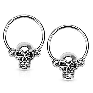 Forbidden Body Jewelry Surgical Steel Skull Captive Bead Ring Hoops, Skull Septum Ring, Nipple Ring, CBR 14G 12mm (Sold as a Set)