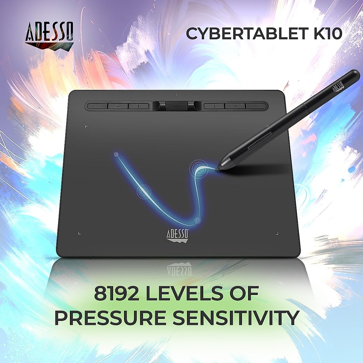 Adesso Large Graphics Drawing Tablet Pad 10 x 6 Inch 8192 Levels Battery-Free Pen, 6 Customizable Keys with Scroll Wheels, Compatible with PC/Mac/Android OS for Painting, Design & Online Teaching