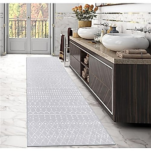 LIVEBOX Washable Grey 2.5x8 Runner Rug Non-Slip for Entryway, Neutral Moroccan Kitchen Rug Long Hallway Rug Runner, Boho Geometric Low-Pile Carpet Throw Rug for Bathroom Laundry Room