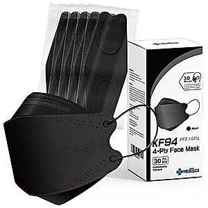 Medtecs KF94 Mask - 30 PCS - Korean Imported Filter - Individually Wrapped - 4 Ply Breathable Comfortable Safety Mask - 3D Structure for Larger Breathing Space & Makeup Friendly - Black