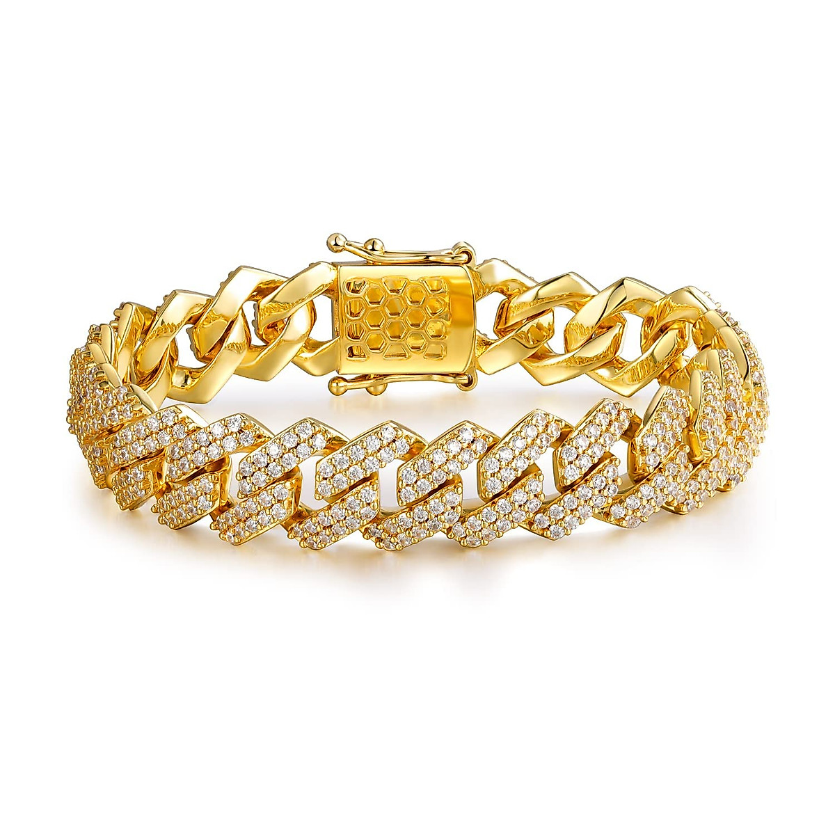 Gemsme 18K Yellow Gold Plated Bracelet 13MM Full Iced Out Cubic Zirconia Cuban Link Chain Hip Hop Bracelet for Men Women 7.5 Inch