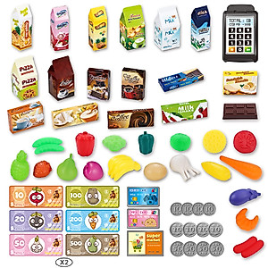 deAO Kids Shopping Cart Trolley for Groceries Toddlers 65 Food Fruit Vegetables Pretend Play Food Role Play Educational Toy Play Kitchen Toys Store Playset (Red)