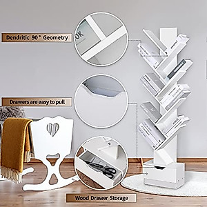 Tree Bookshelf with Wooden Drawer, 10-Tier Open Shelf Narrow Bookcase, Unique Vertical Spine Bookshelf Small Spaces, Book Shelf with Drawers Storage Organizer Shelves for Living Room, Bedroom, Library