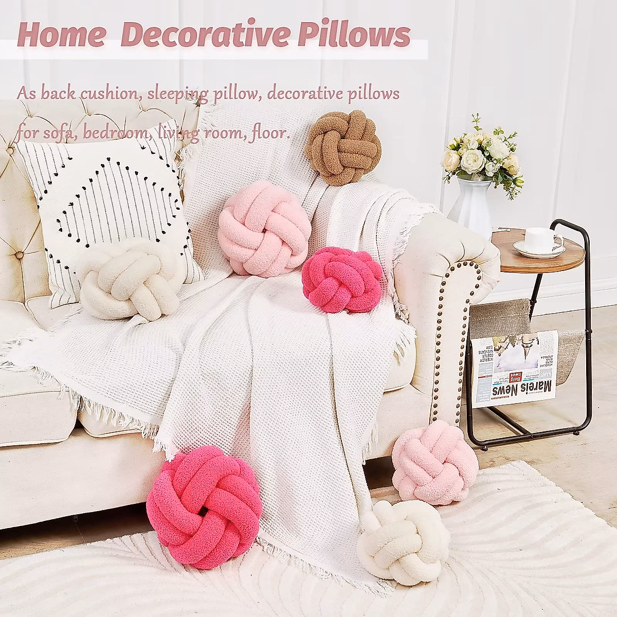 Uvvyui Knot Pillow Ball, Soft Pink Home Decor Knotted Pillows, Handmade Round Plush Throw Pillow, Aesthetic & Cute Large Decorative Pillows for Bed, Floor, Couch, Bedroom Home Decor 8 inches