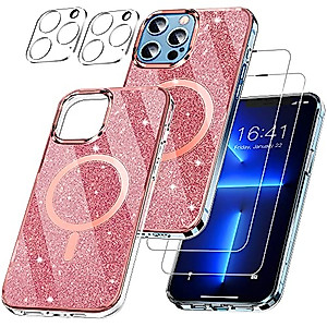 SKYLMW Cute Glitter Case for iPhone 13 Pro Max 6.7" Luxury Magnetic iPhone 13 Pro Max Case Compatible with Magsafe for Women Girls, [5 in 1] Come with Screen Protectors & Camera Protectors, Rose Gold