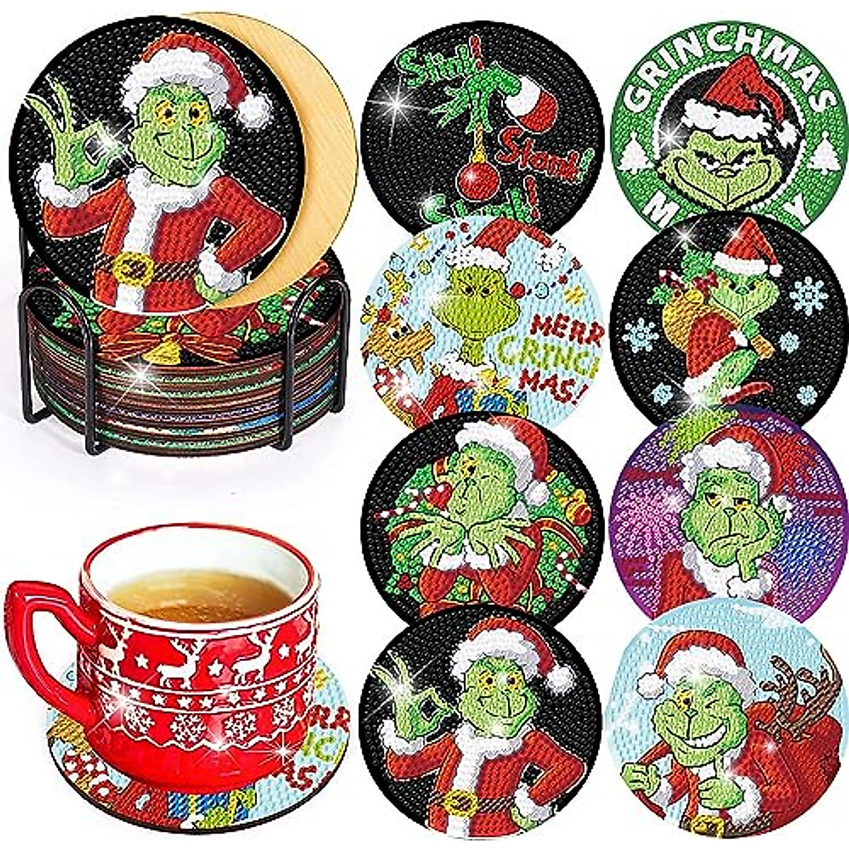 KYOQFVN 8 PCS Christmas Diamond Art Coasters Kit with Holder, DIY Grinch Diamond Painting Coasters for Adults, 5D Grinch Xmas Diamond dot Kits Coasters Craft Supplies