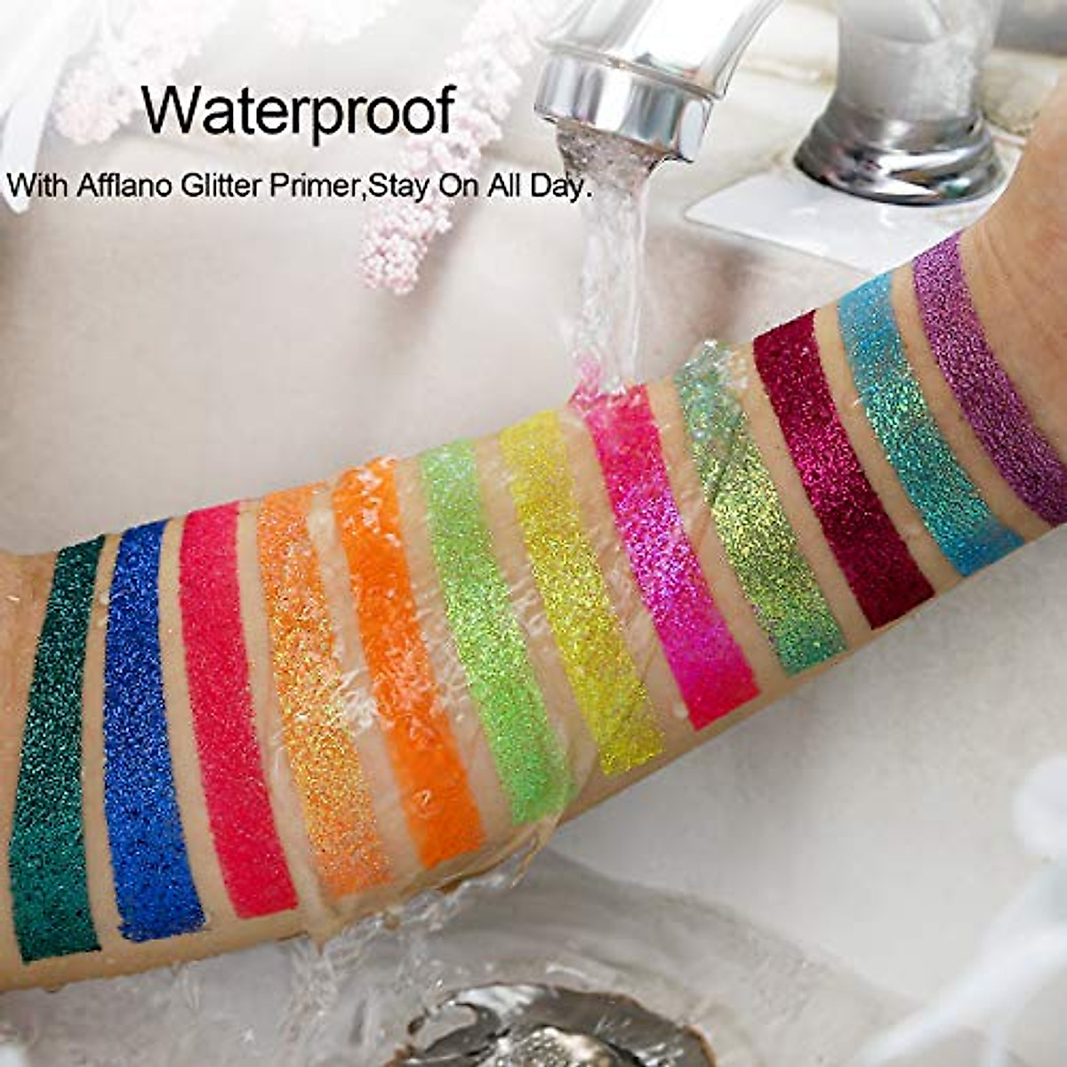 Neon Glitter Eyeshadow Palette Makeup,Afflano UV Glow Blacklight Highly Pigmented Palette Eye Shadow Pallets,Matte Bright Colorful Rainbow Blue Red Orange Purple Green Pressed Glitter Makeup Palettes