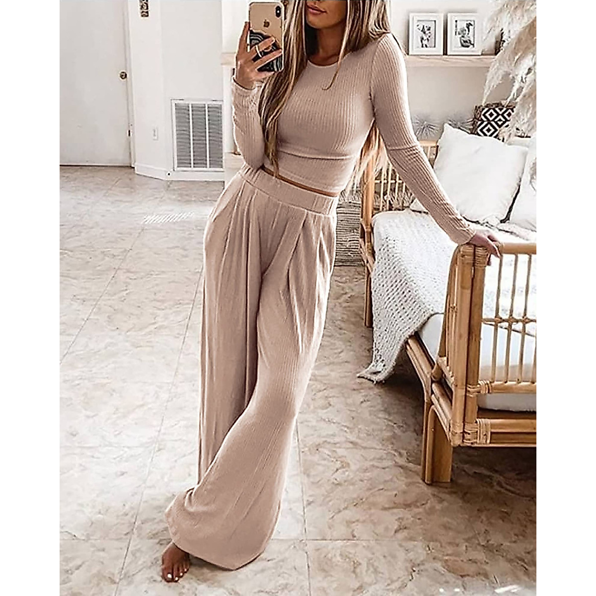 BTFBM Women's Two Piece Lounge Set Long Sleeve Bodycon Ribbed Knit Crop Top Loose Wide Leg Pant Casual Outfits Sweatsuit(Solid Apricot, Medium)