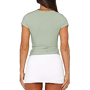 PRIMODA Women's Short Sleeve Slim Fitted Tee Shirt Top Basic Casual Crew Neck Workout Crop Top (Light Green S)